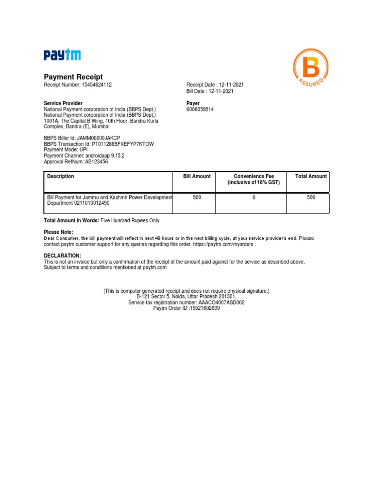 Payment Receipt: Service Provider Payer | PDF