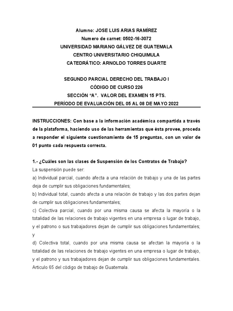 SEGUNDO PARCIAL PARCIAL DERECHO DEL TRABAJO I. SEC A .Docx 2022 | PDF | Derecho laboral | Justicia