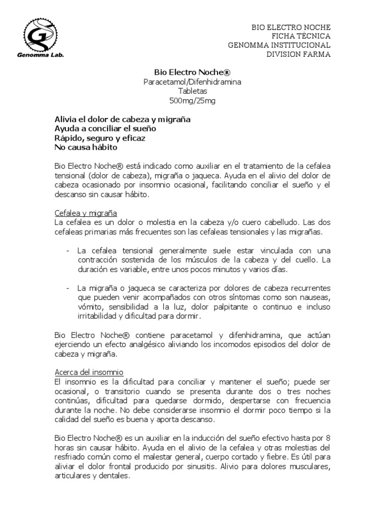 Genomma Lab Bioelectro Noche Ficha Tecnica | PDF | Migraña | Dolor de ...