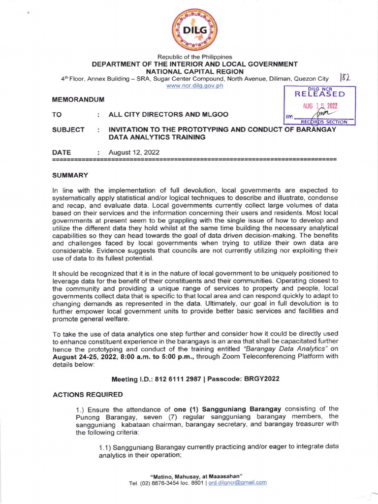Memo Prototyping and Conduct of Brgy Data Analytics Training Aug 24 25 ...