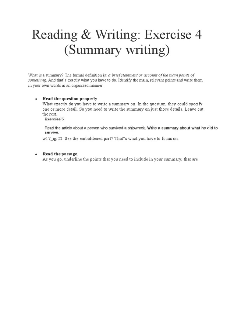 Reading & Writing: Exercise 4 (Summary Writing) : Read The Question ...