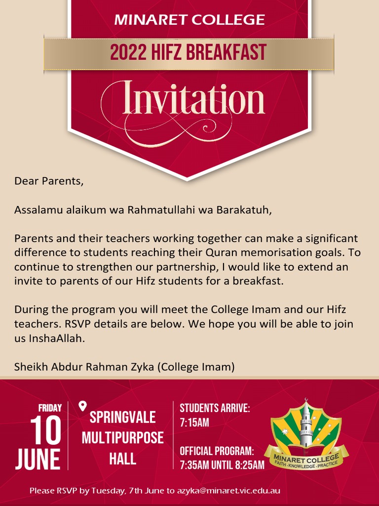 Springvale Hifz Breakfast - Invitation To Parents | PDF