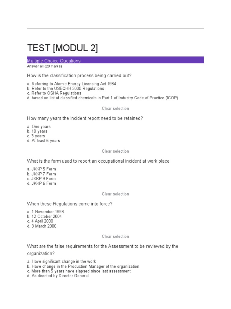 Test (Modul 2) : Multiple Choice Questions | PDF | Occupational Safety ...