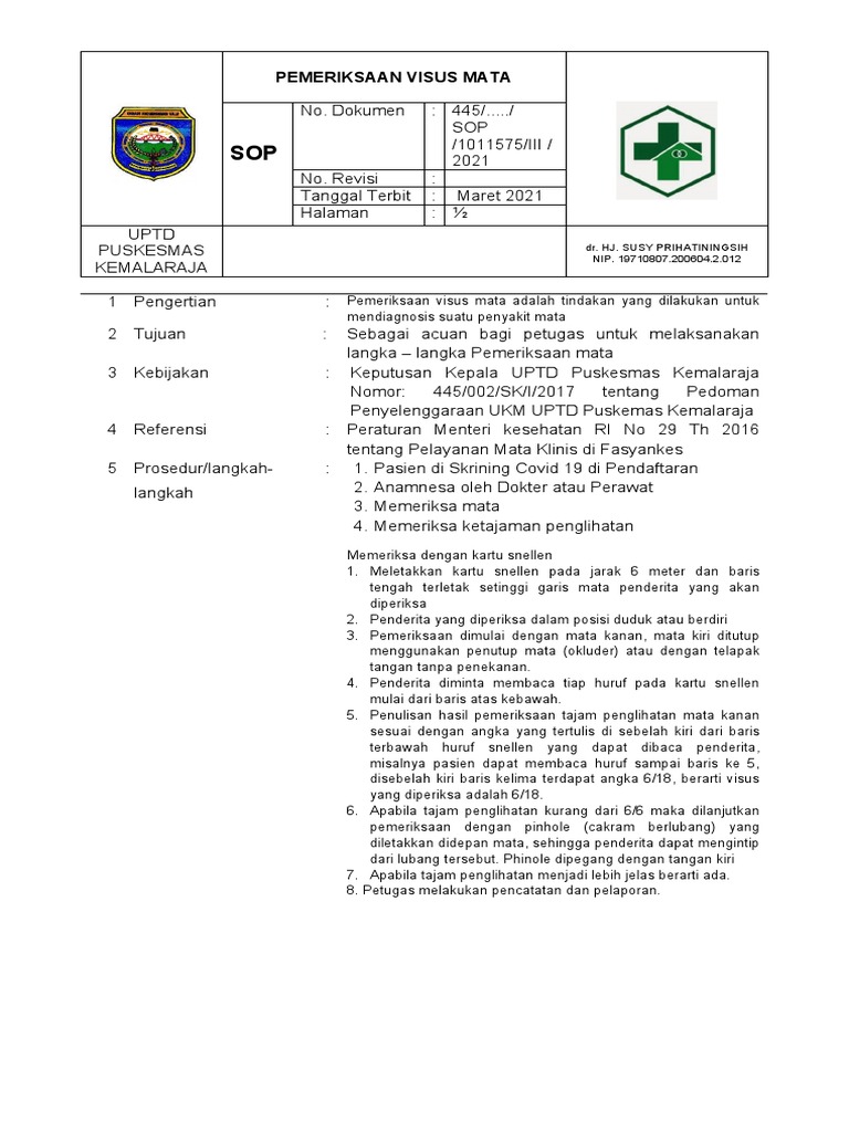 Sop Pemeriksaan Mata 2021 Baru | PDF