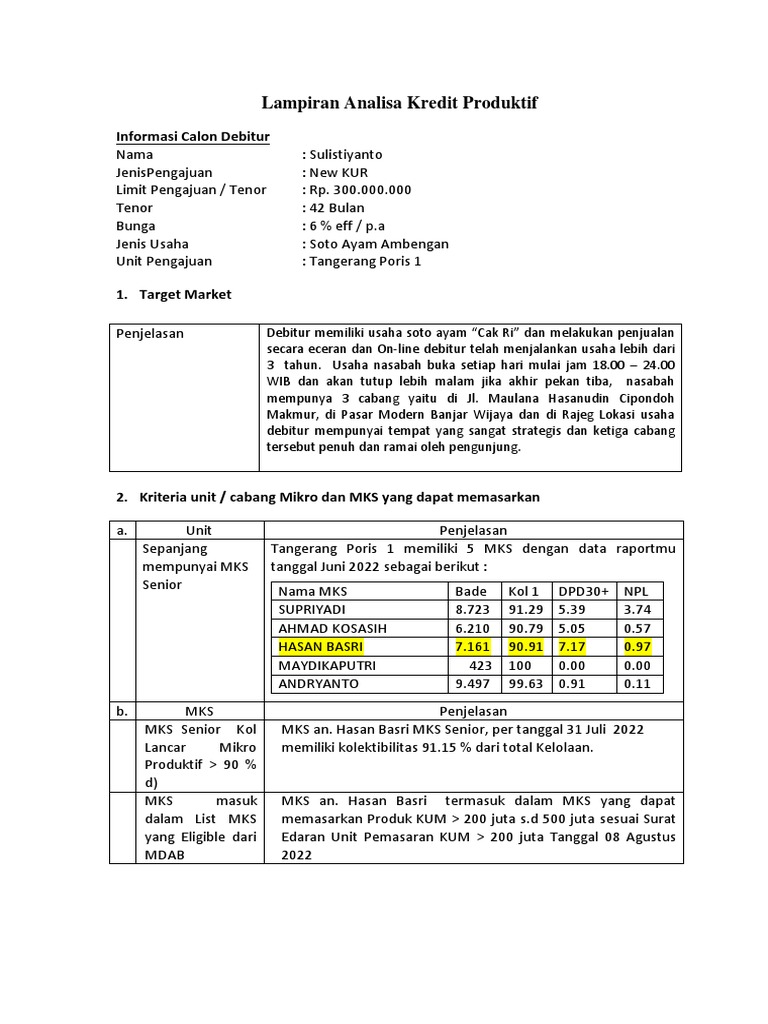 Nota Analis Kredit - Sulistiyanto (Soto Ayam, Basrie) | PDF