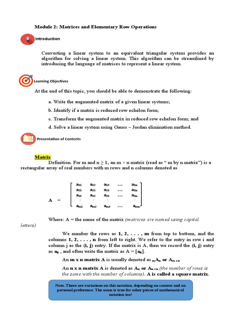 Module 2: Matrices and Elementary Row Operations: Letters) | PDF ...