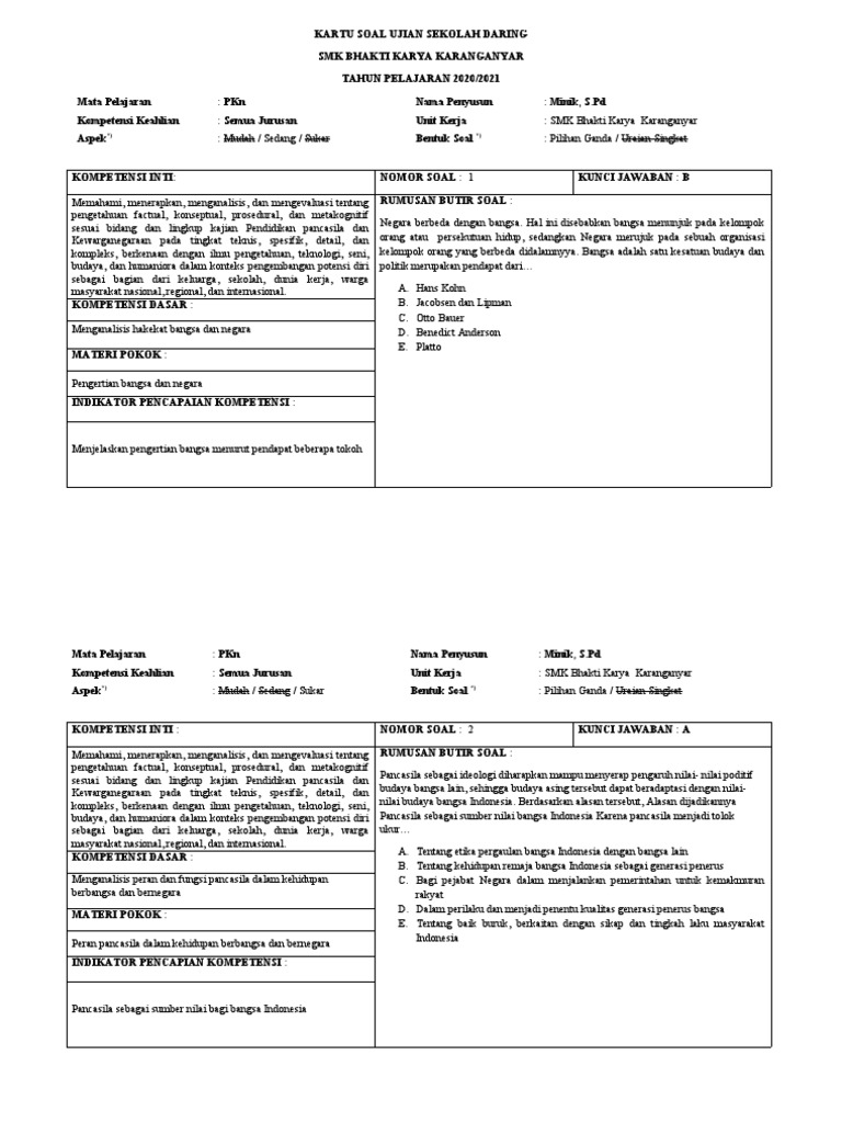 Kartu Soal PKN | PDF | Ilmu Sosial | Sains & Matematika