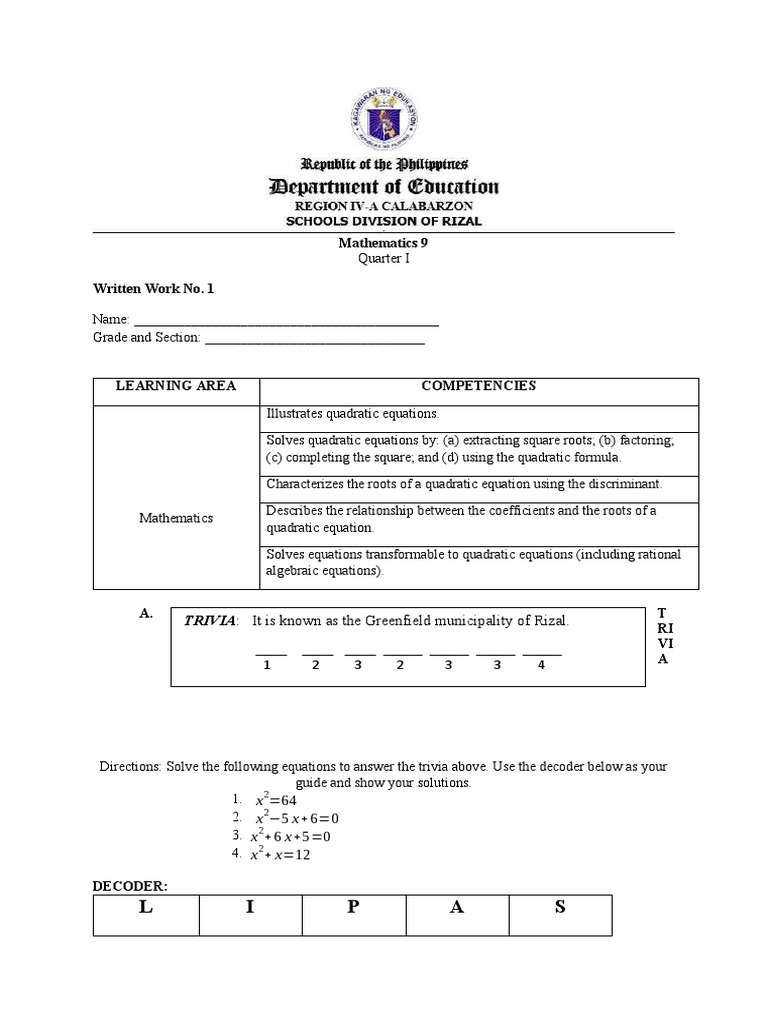 Grade9 Q1 WW1 Mathematics | PDF | Quadratic Equation | Equations