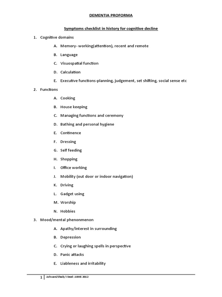 Dementia Proforma Symptoms Checklist in History For Cognitive Decline ...