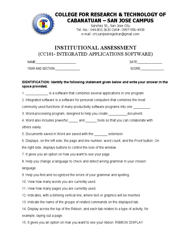 Institutional Assessment: (Cc101-Integrated Applications Software) | PDF | Software | Computer ...