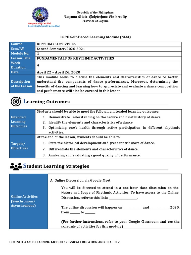 PE 2 Module 1 Fundamentals of Rhythmic Activities | PDF | Dances | Plato