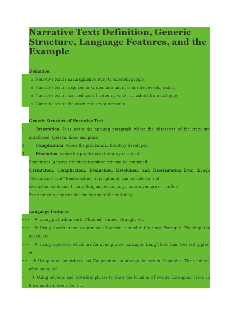 Narrative Text: Definition, Generic Structure, Language Features, and The Example | PDF | Snow ...