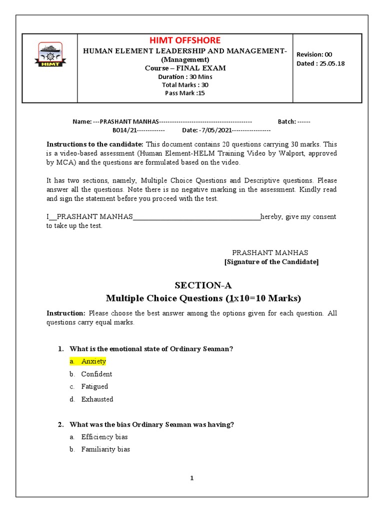 Himt Offshore: Section-A Multiple Choice Questions (1x10 10 Marks) | PDF | Leadership | Multiple ...