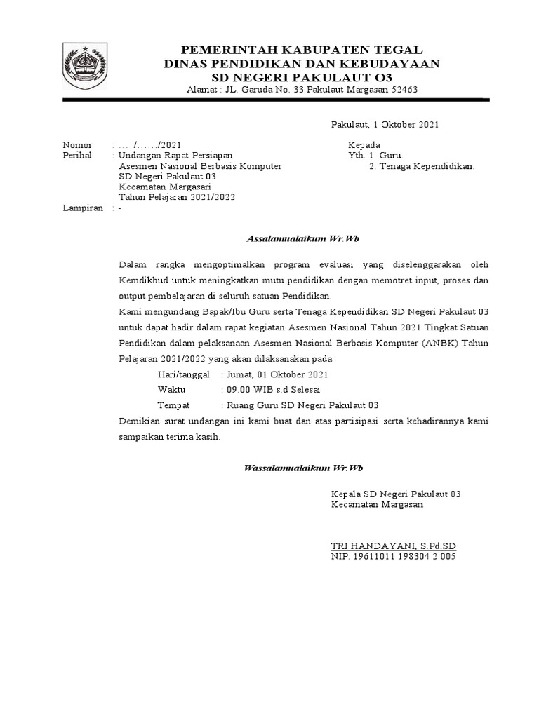 Undangan, Daftar Hadir, Notulen, Rapat Dan Berita Acara ANBK 2021 | PDF