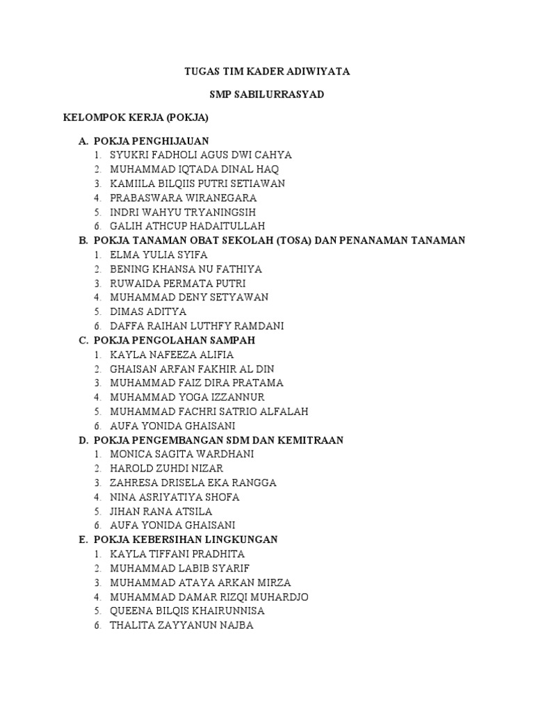 Tugas Tim Kader Adiwiyata | PDF