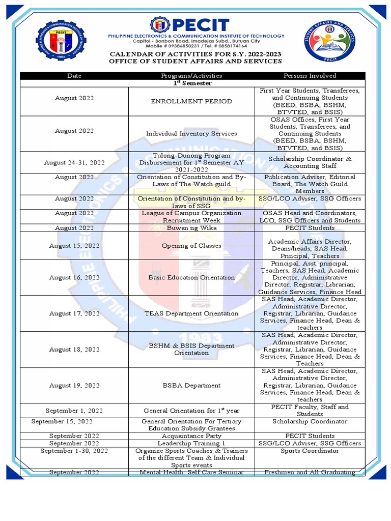 Student Activities Calendar 2022-2023 | PDF | Academia