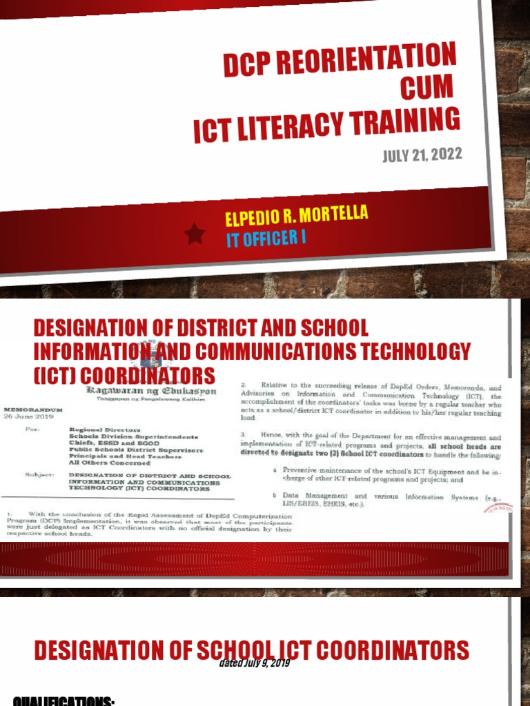 DCP Reorientation CUM Ict Literacy Training: Elpedio R. Mortella ...