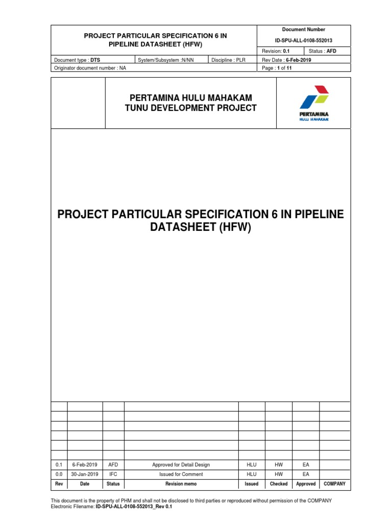 Project Particular Specification 6 in Pipeline Datasheet (HFW) | PDF | Pipe (Fluid Conveyance ...