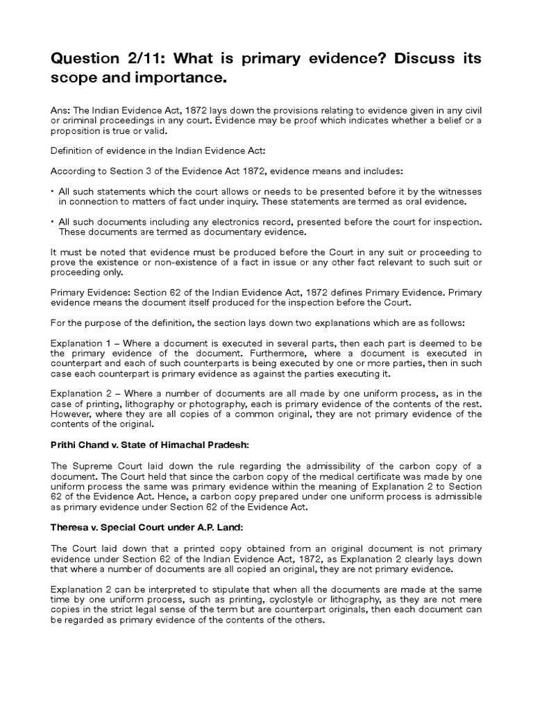 Question 2/11: What Is Primary Evidence? Discuss Its Scope and ...