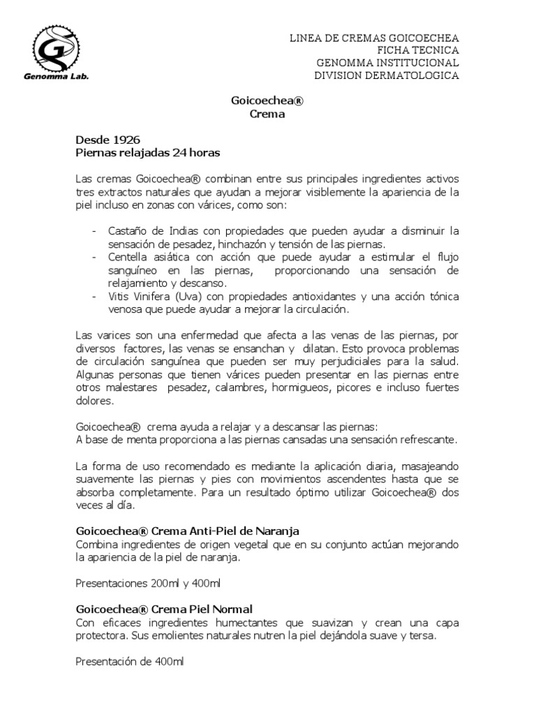 Genomma Lab Cremas Goicoechea Ficha Tecnica | PDF | Venas varicosas ...