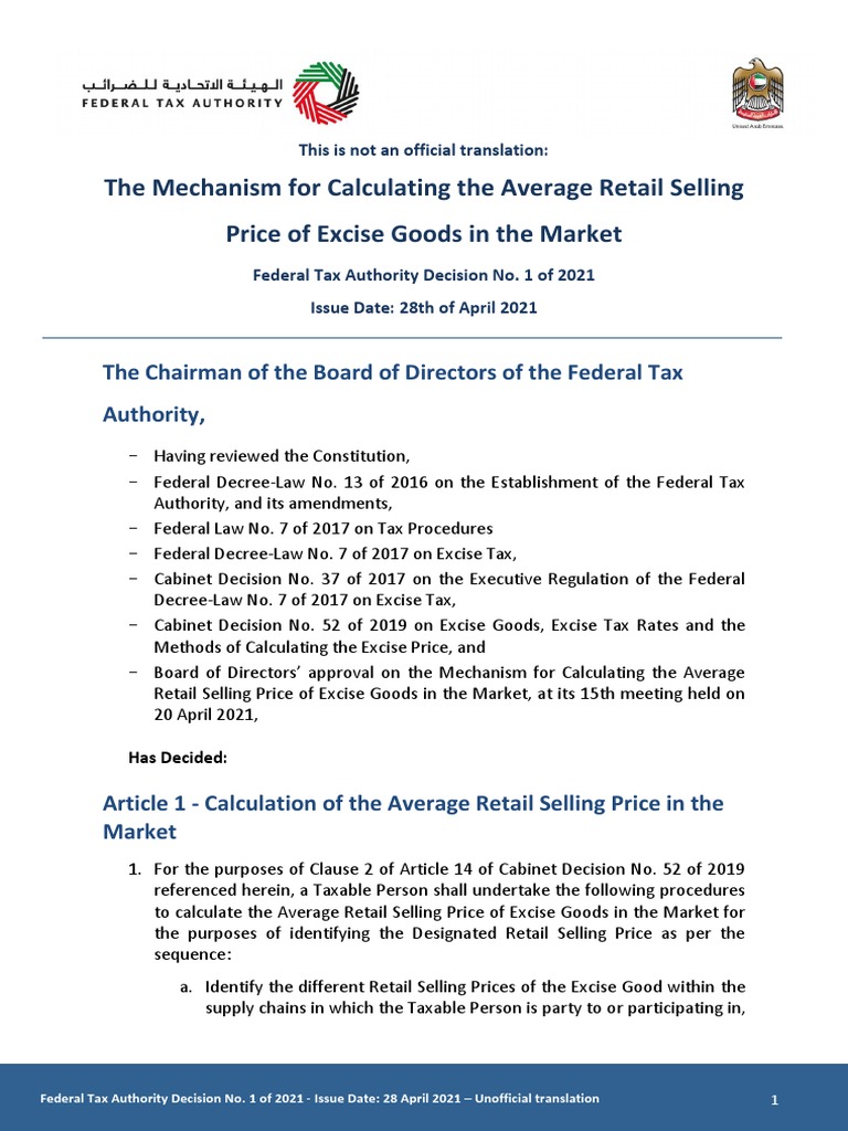 FTA Decision No 1 of 2021 On The Mechanism of Calculating The ARSP of ...