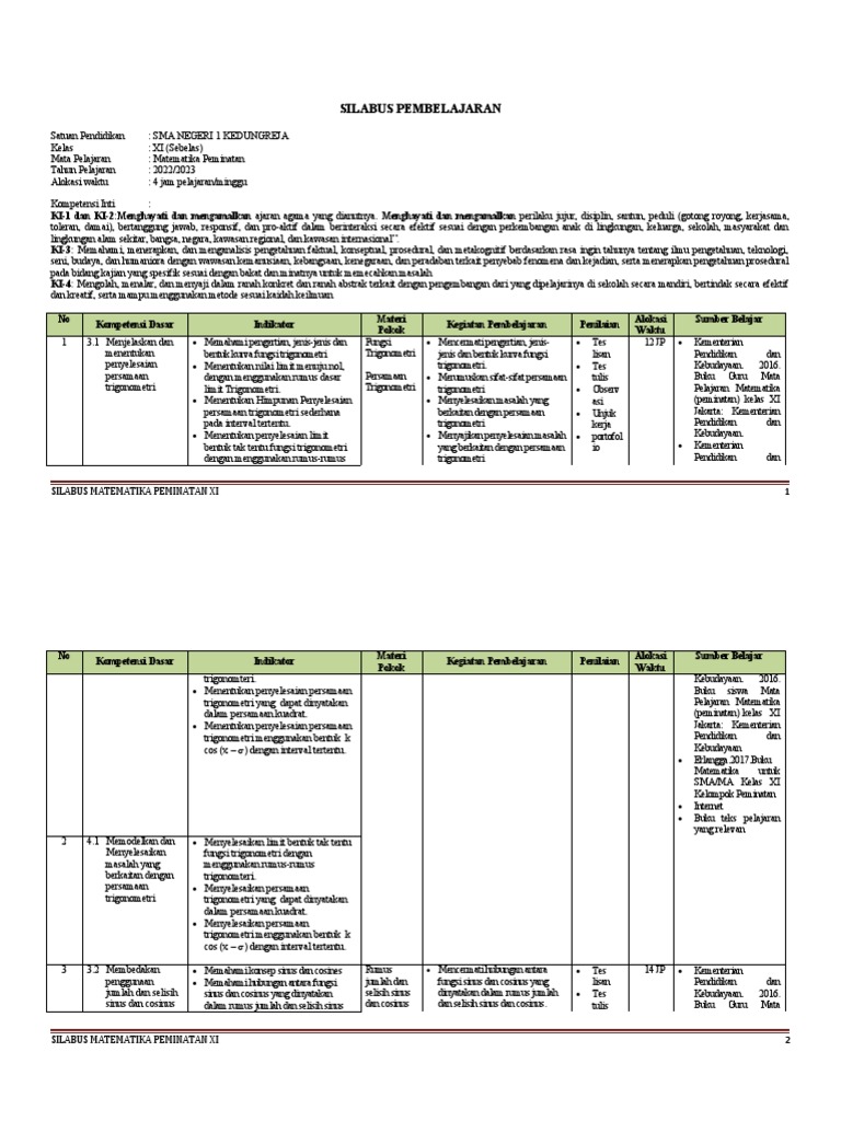 Silabus MTK Peminatan Kelas Xi | PDF