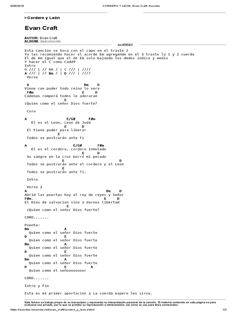 CORDERO Y LEON, Evan Craft - Acordes | PDF