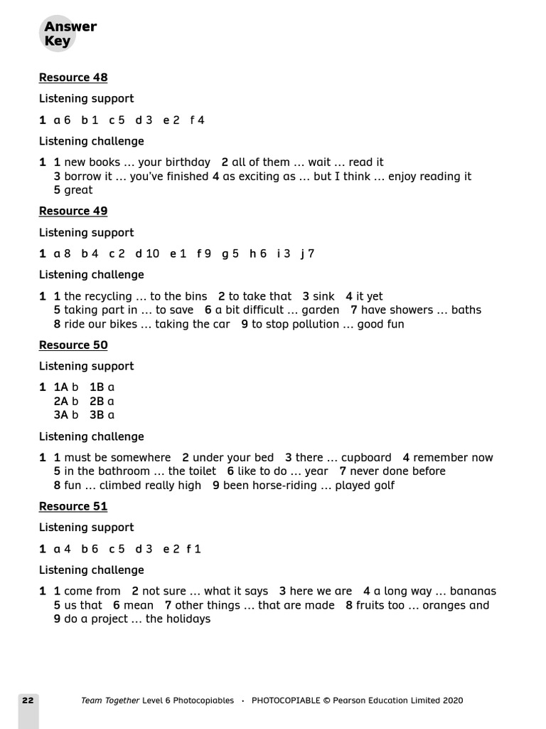 Answer Key: Team Together Level 6 Photocopiables PHOTOCOPIABLE ...