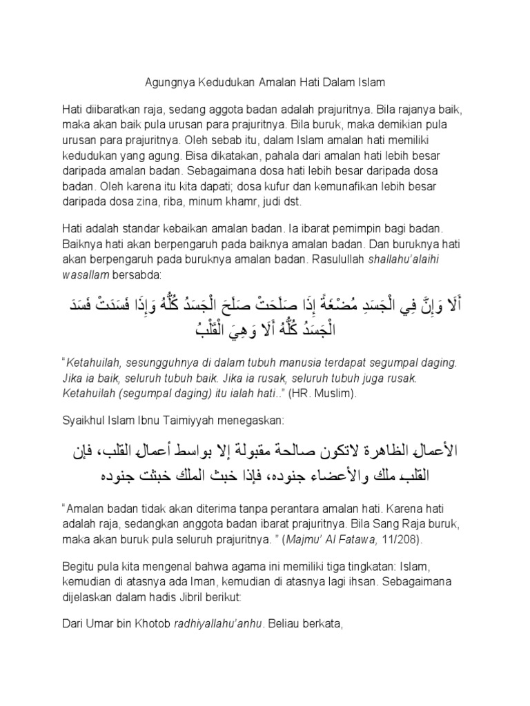 Agungnya Kedudukan Amalan Hati Dalam Islam | PDF | Filsafat | Agama ...