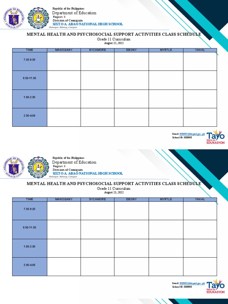 Mental Health and Psychosocial Support Activities Class Schedule | PDF