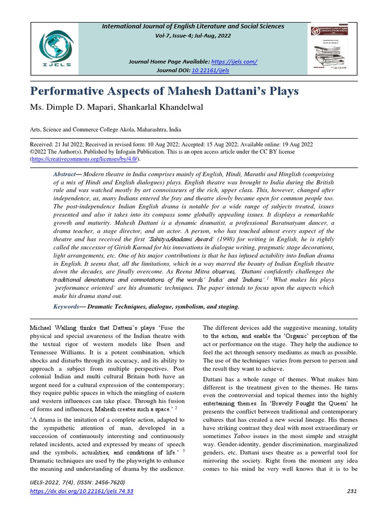 Performative Aspects of Mahesh Dattani's Plays | PDF | Symbols | Perception