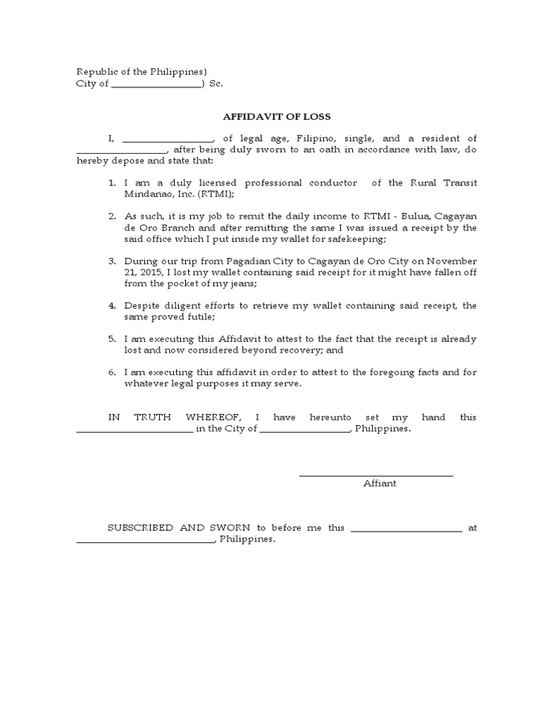 Affidavit of Loss (Sample) | PDF | Finance & Money Management | Law