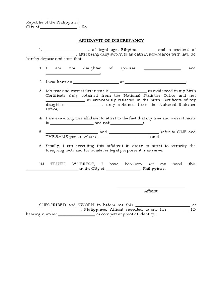 AFFIDAVIT OF DISCREPANCY (TEMPLATE) | PDF