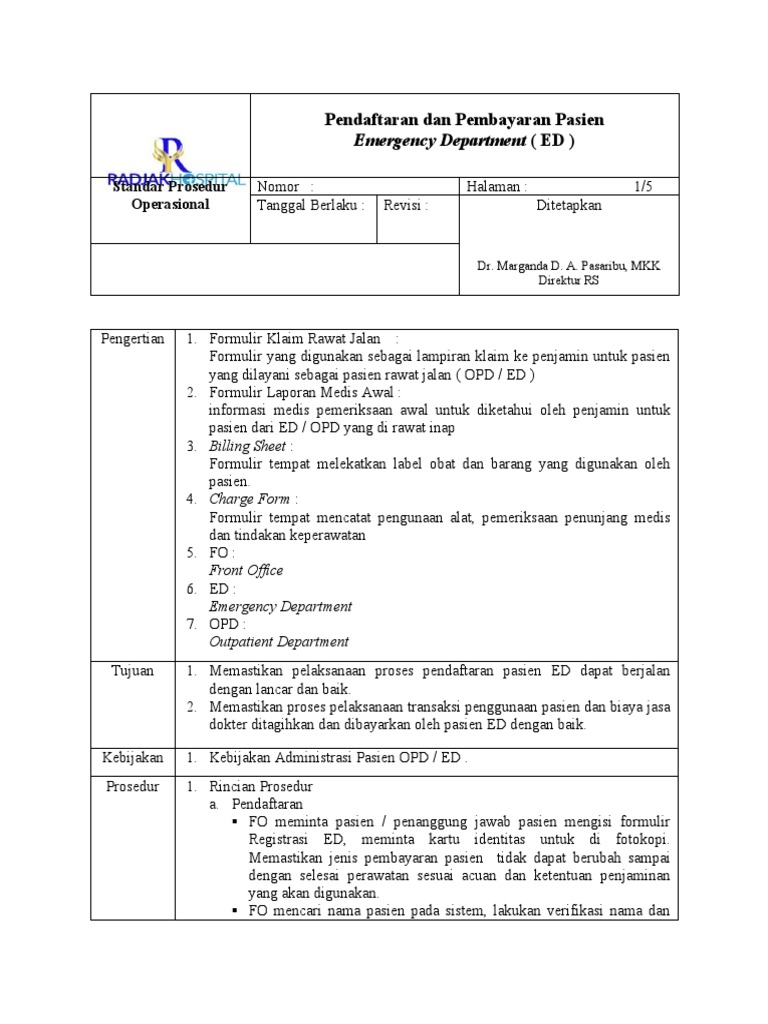 SPO Pendaftaran Dan Pembayaran Pasien Emergency Department (ED) | PDF