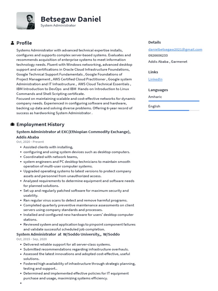 Betsegaw Daniel CV New | PDF | Cloud Computing | System Administrator