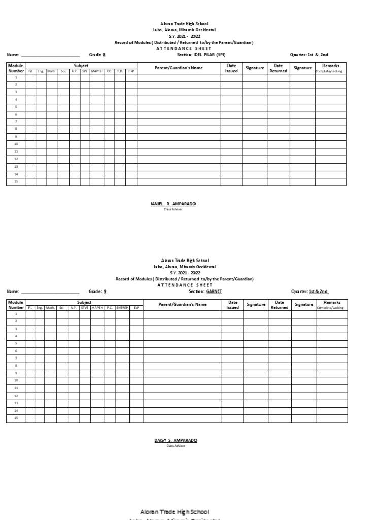 Attendance Log for Modules 2021-2022 | PDF