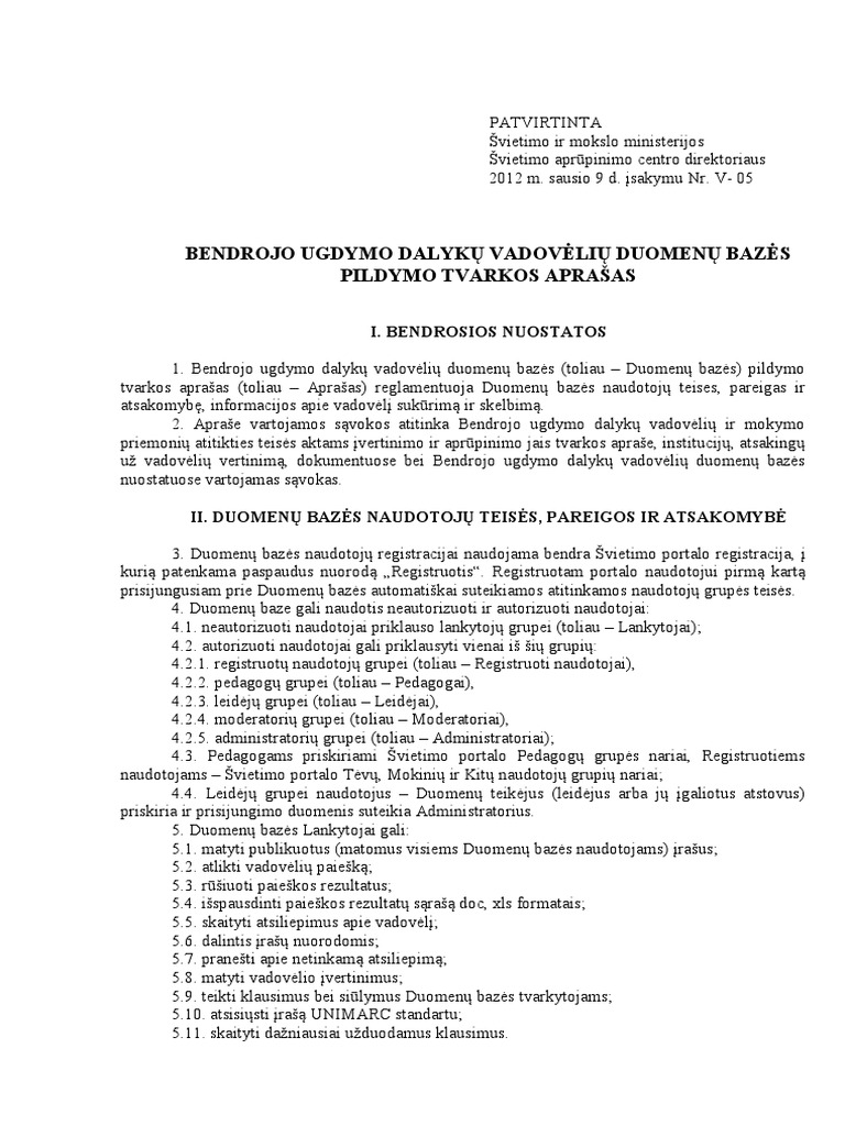 Vadoveliu DB Pildymo Tvarkos Aprasas - Nuostatai | PDF