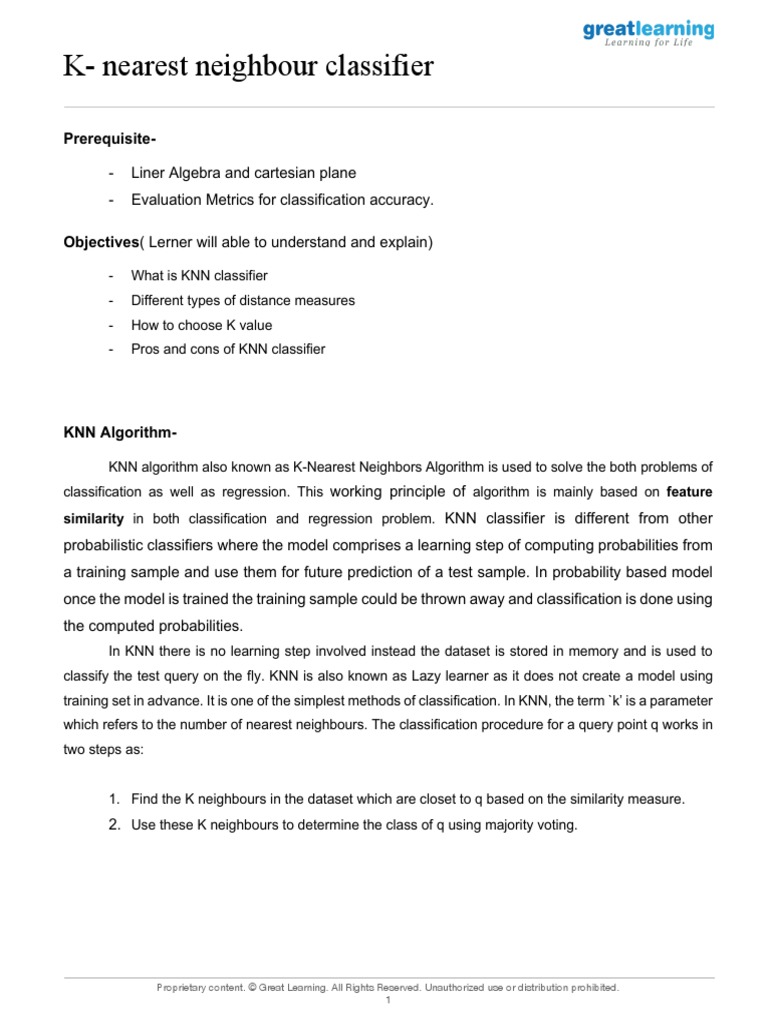 K Nearest Neighbour Classifier Prerequisite Pdf Statistical Classification Distance 