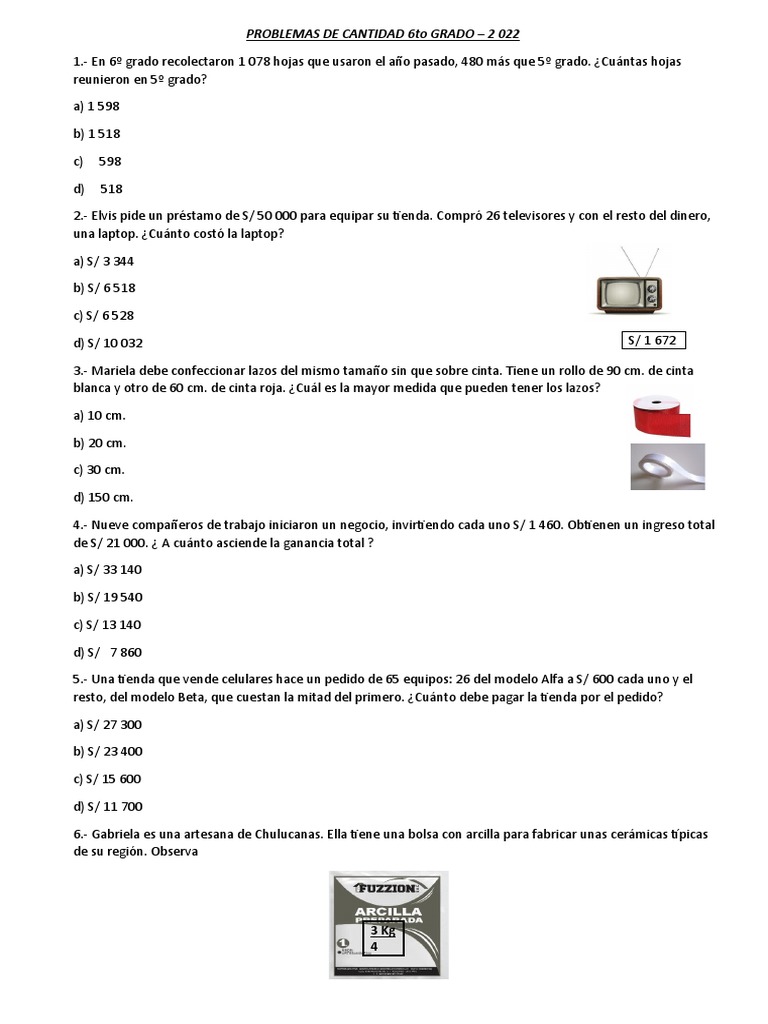 PROBLEMAS DE CANTIDAD 6to GRADO | PDF