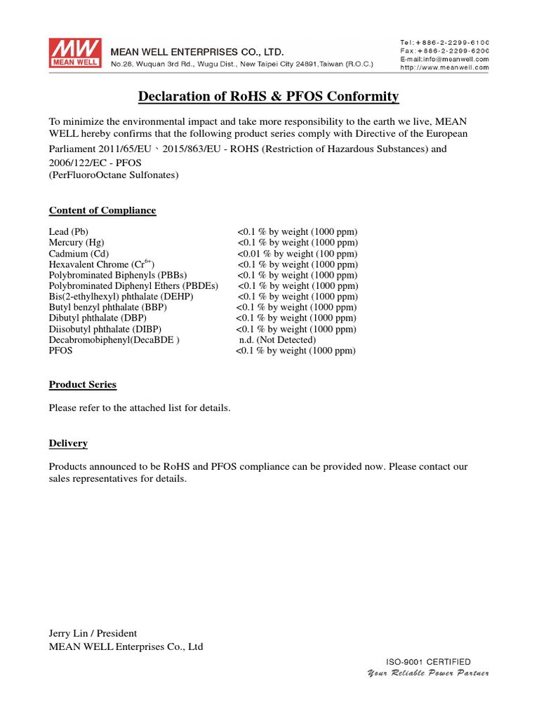 RoHS & PFOS Compliance Declaration | PDF | Electronic Waste ...