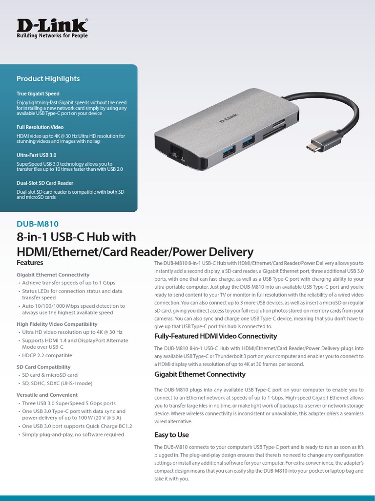 8-In-1 USB-C Hub With HDMI/Ethernet/Card Reader/Power Delivery | PDF ...