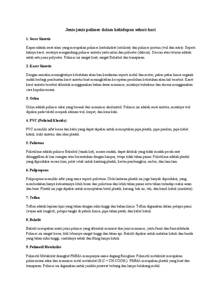 Jenis-Jenis Polimer Dalam Kehidupan Sehari-Hari: 1. Serat Sintetis | PDF