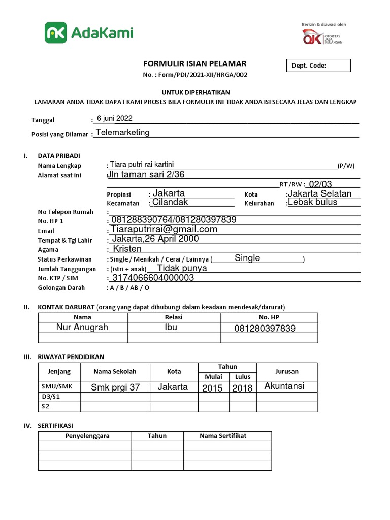 Form Interview PT. Pembiayaan Digital Indonesia (AdaKami) - Your Name | PDF