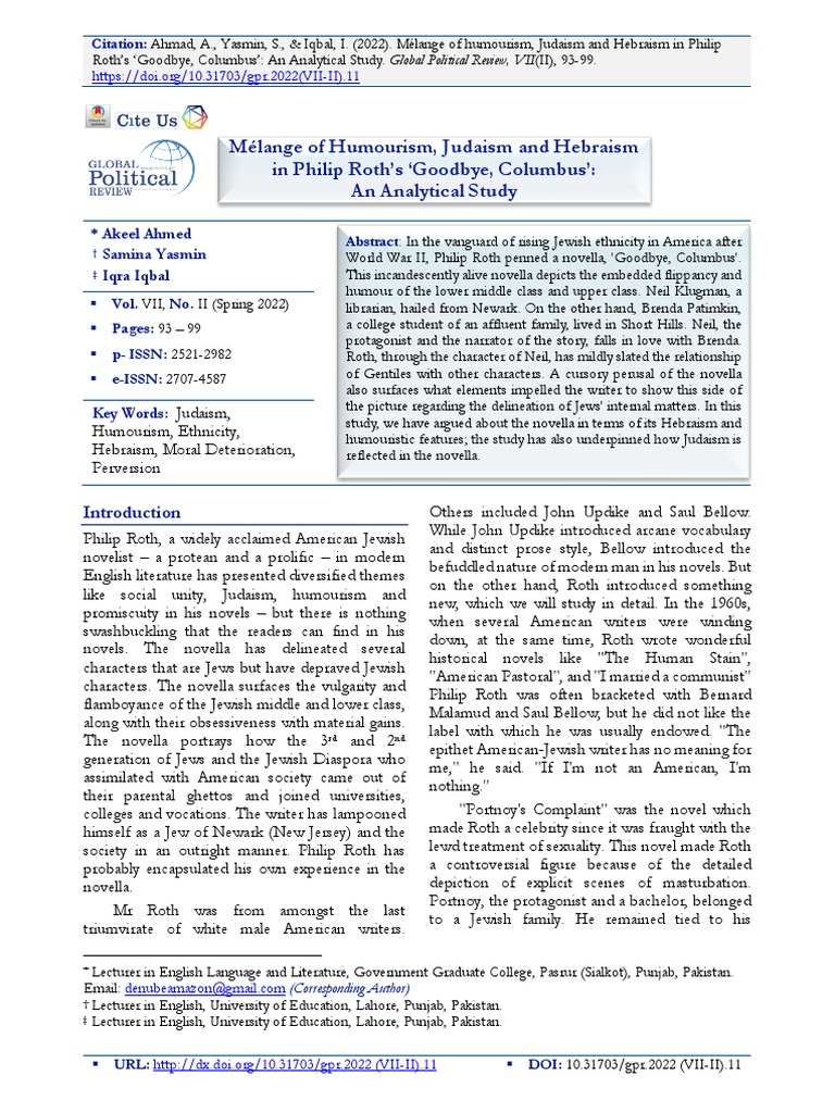 Mlange of Humourism Judaism and Hebraism in Philip Roths Goodbye ...