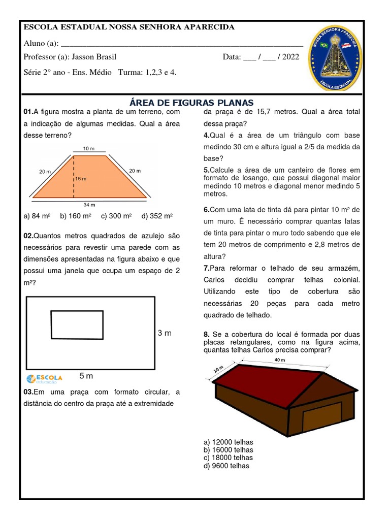 Tarefa de Geometria: Cálculo de Áreas de Figuras Planas | PDF