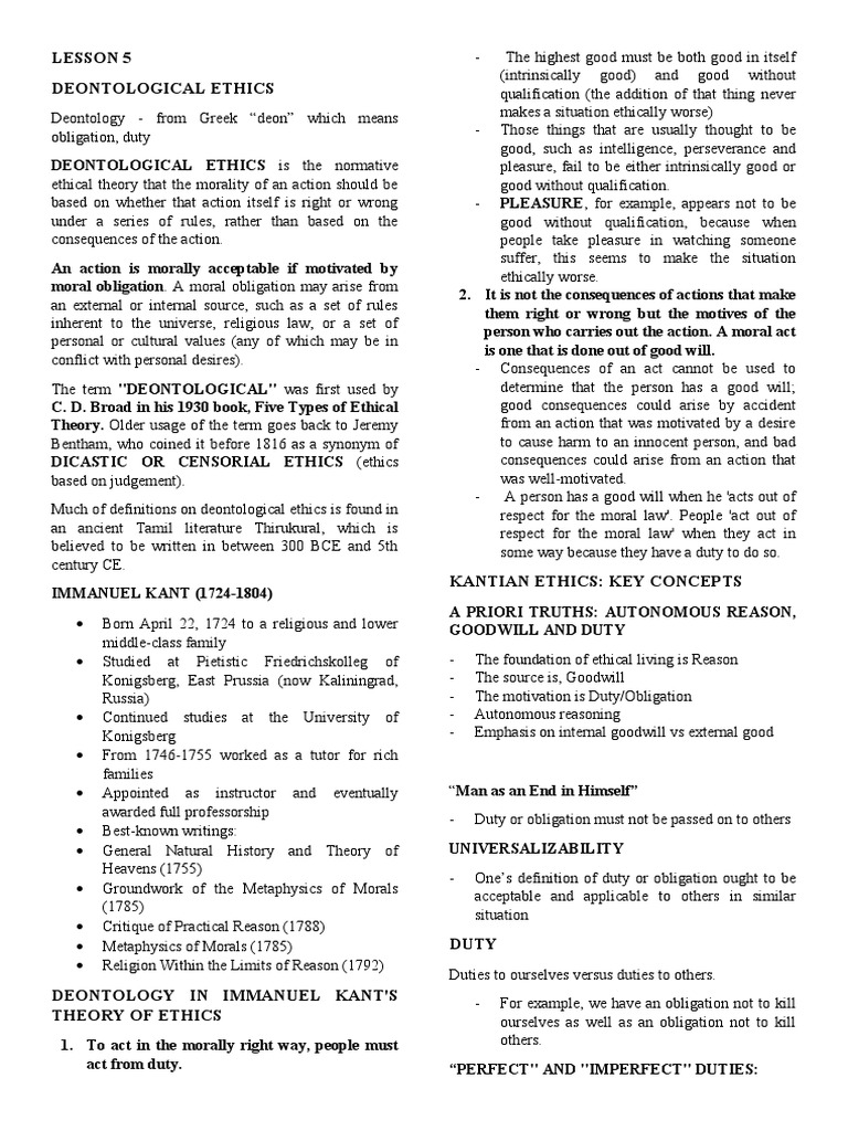 Lesson 5 Deontological Ethics | PDF | Utilitarianism | Philosophical Movements