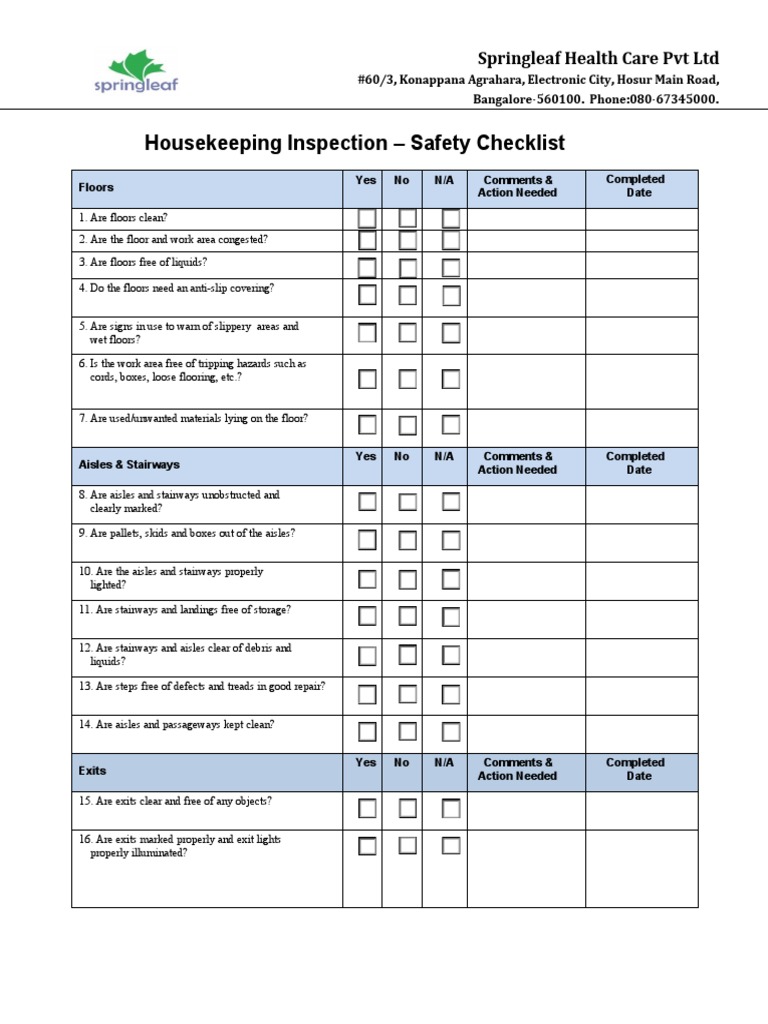 Housekeeping Inspection - Safety Checklist: Springleaf Health Care PVT ...