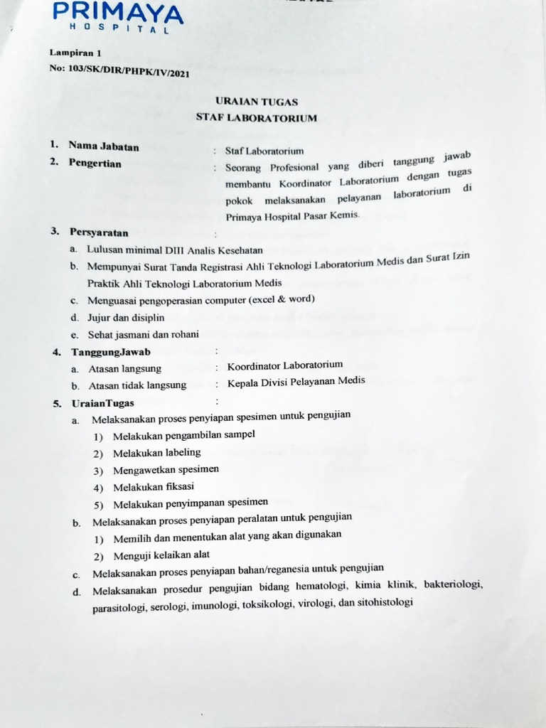 Uraian Tugas Staf Lab | PDF
