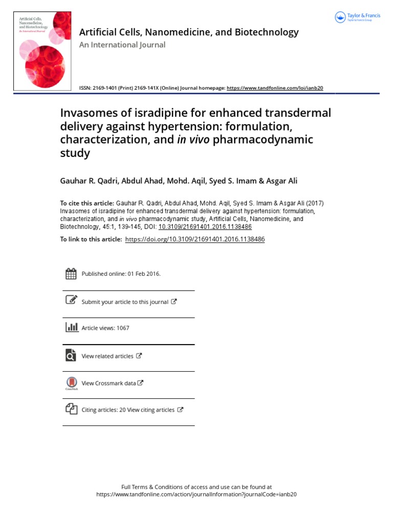 Invasomes of Isradipine For Enhanced Transdermal Delivery Against ...
