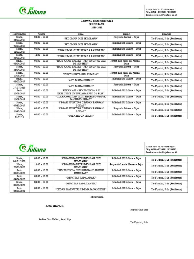 Jadwal Penyuluhan Gizi RS Juliana | PDF